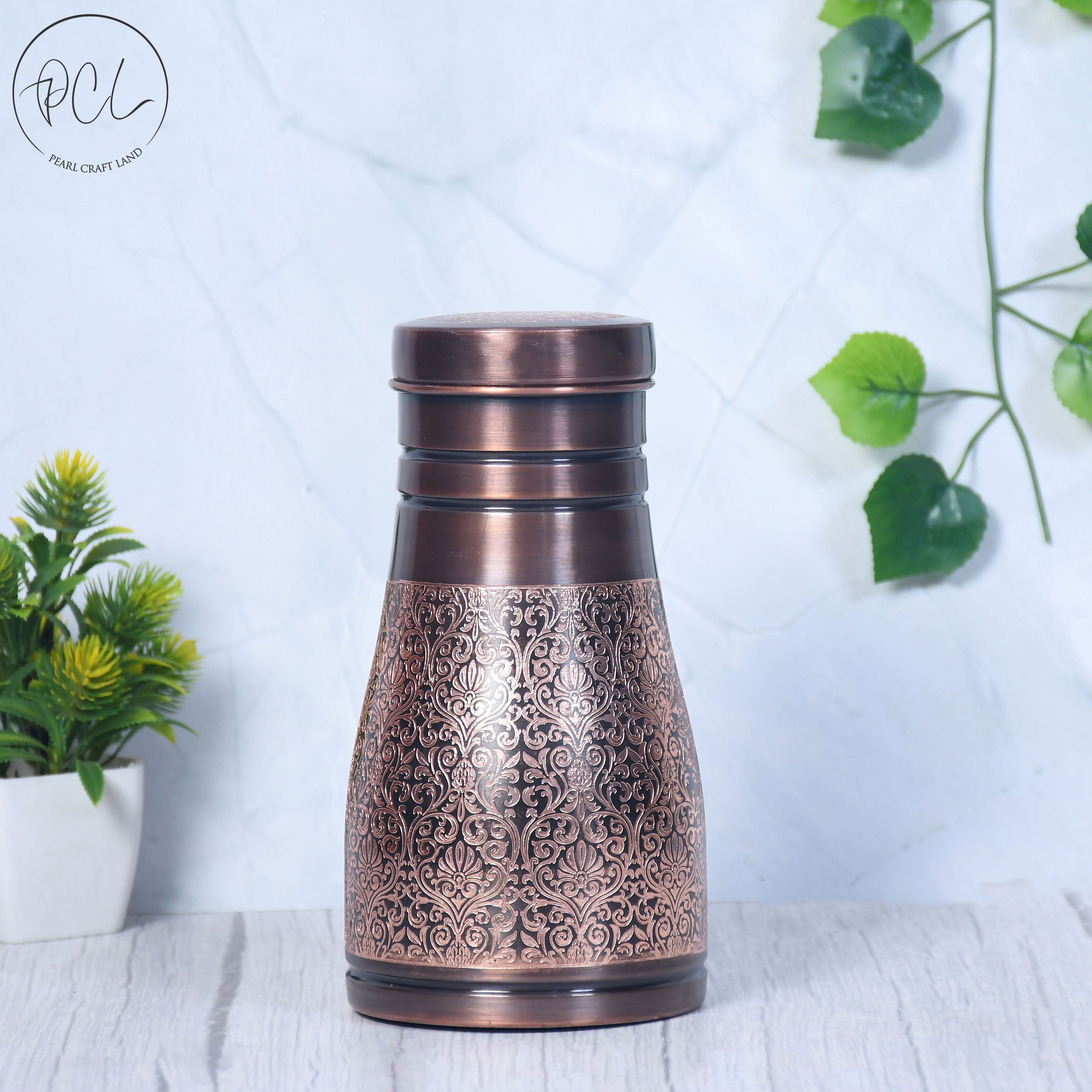 Pure Copper Bedside Jar with Antiqued Black Engraving Inbuilt Glass Ca ...